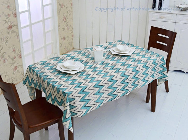 Blue Cream Chevron Rectangle Square Round Tablecloth - Etsy
