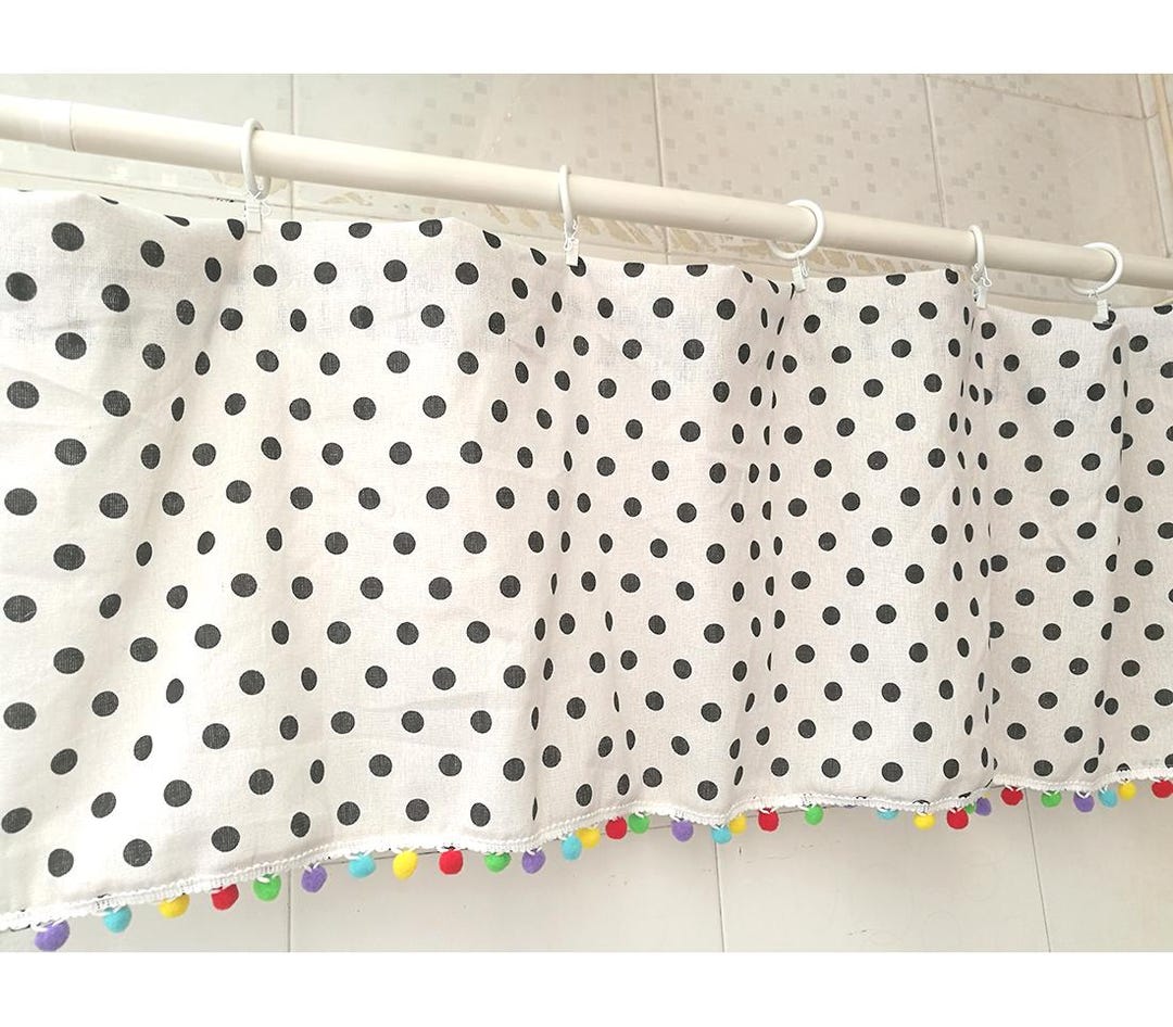 Linen Polka Dots Pom Pom Cafe Curtain,kids Nursery Child Playroom ...