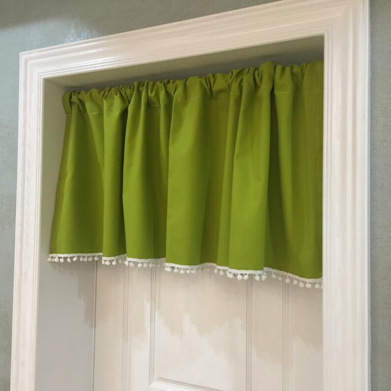 Olive Green Pom Pom Cafe Curtain Window Valance/window - Etsy