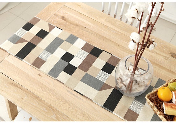 Linen Coffee Table Runner Brown Beige Check Partywedding | Etsy