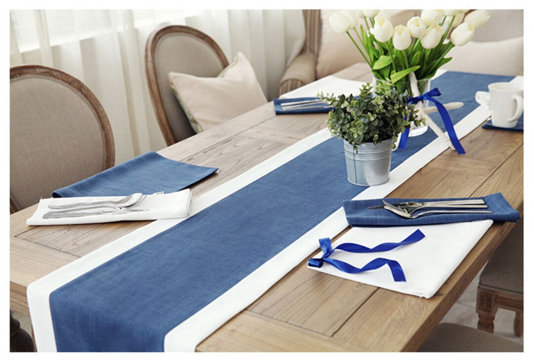 Table Runner Navy Beige Cotton Linen - Etsy