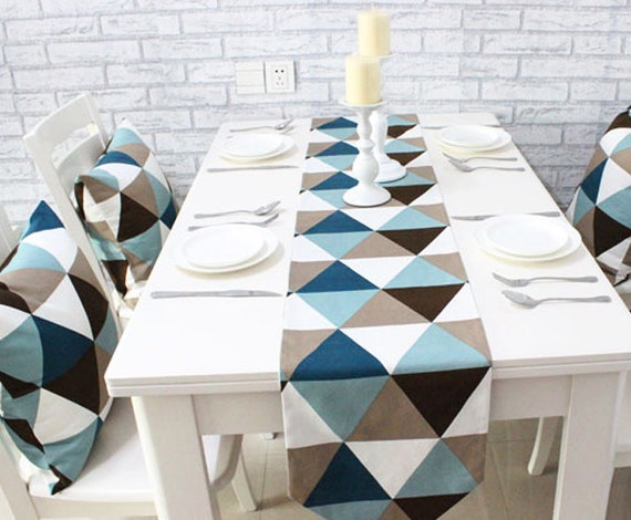 Table Runner Geometric Triangle Blue Gray White | Etsy
