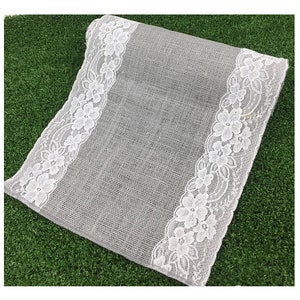 Gray Burlap Table Runner White Lace Thanksgivingwedding - Etsy