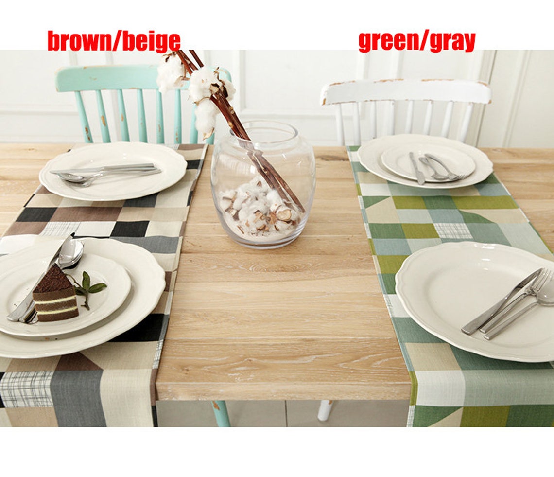 Linen Coffee Table Runner Brown Beige Check Partywedding | Etsy