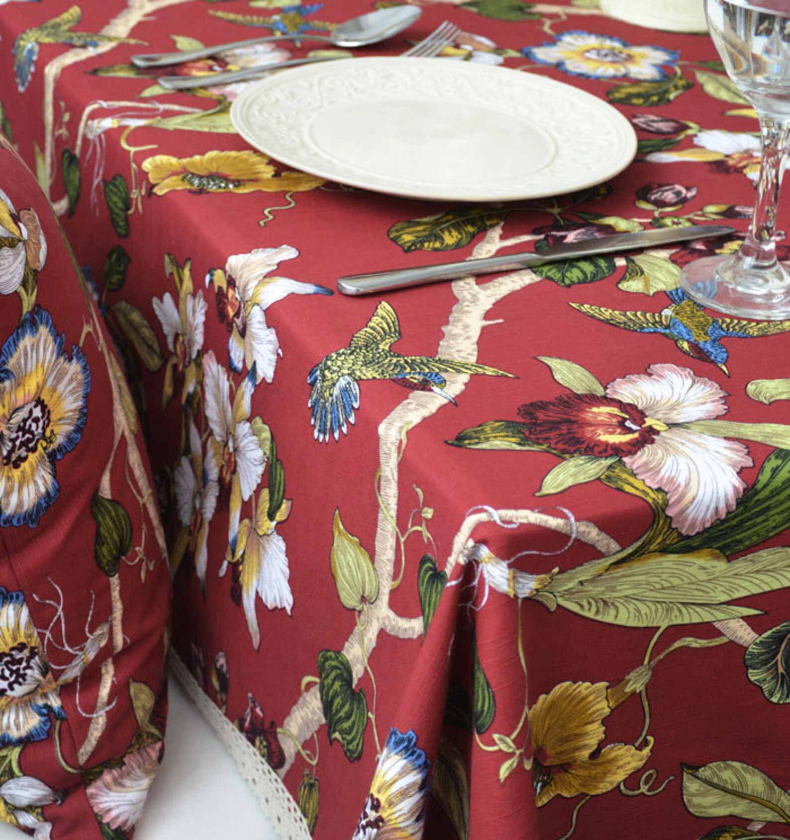 Hummingbird Floral Tablecloth, Red Cotton Canvas, Custom Size - Etsy
