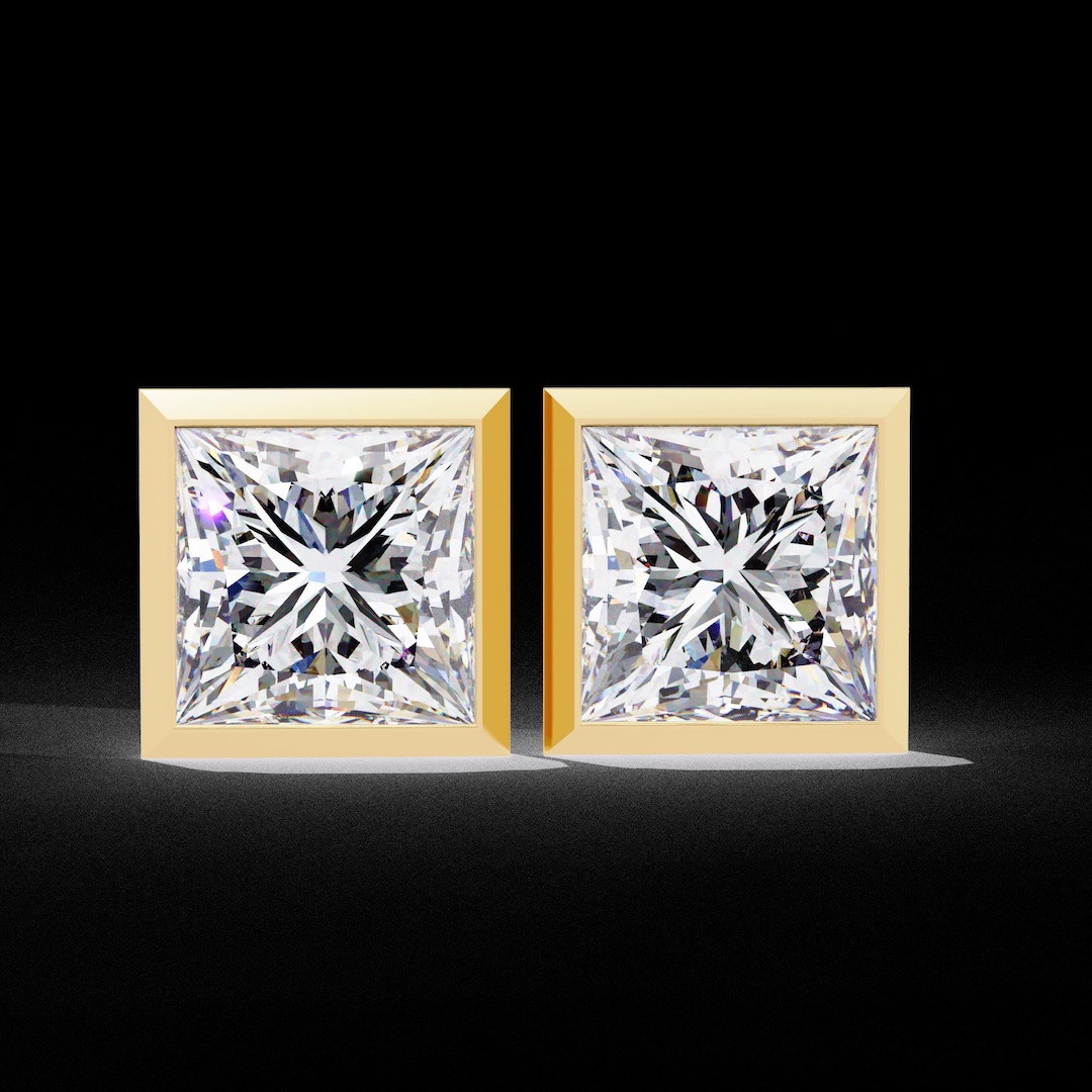 Princess Cut Diamond Square Bezel Gold Stud Earrings Modern Bridal ...