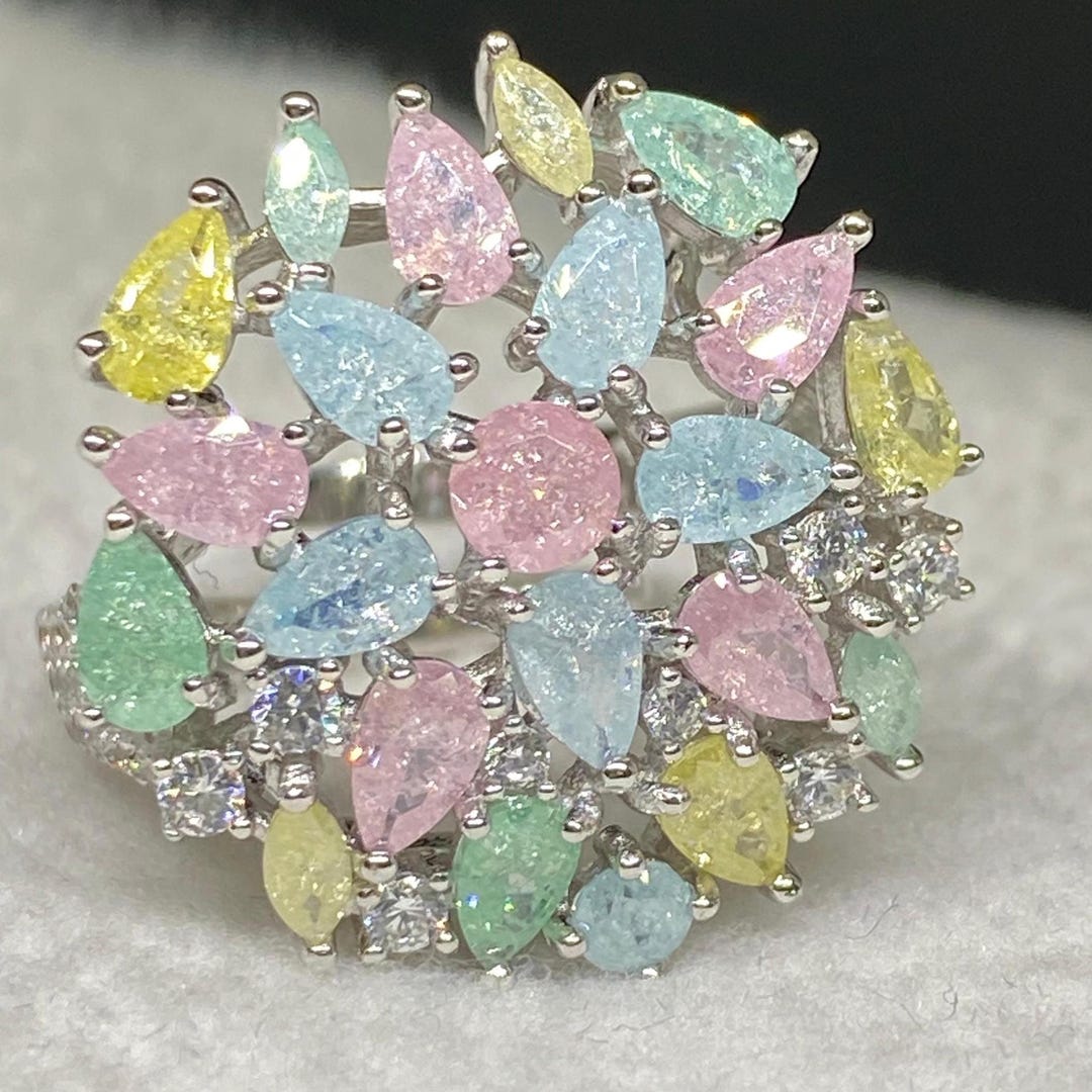 Teardrop Gemstone Cluster Ring, Rainbow Pastel Cubic Zirconia Statement ...