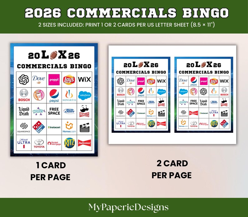 Super Big Game Commercials Bingo, Football Watch Party Bingo, 2026 Bowl ...