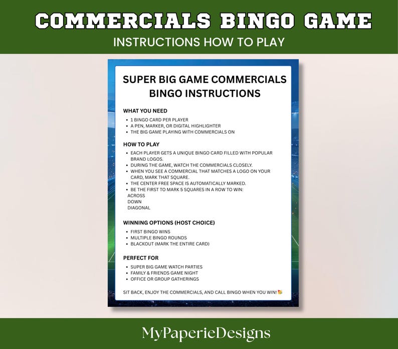 Super Big Game Commercials Bingo, Football Watch Party Bingo, 2026 Bowl ...