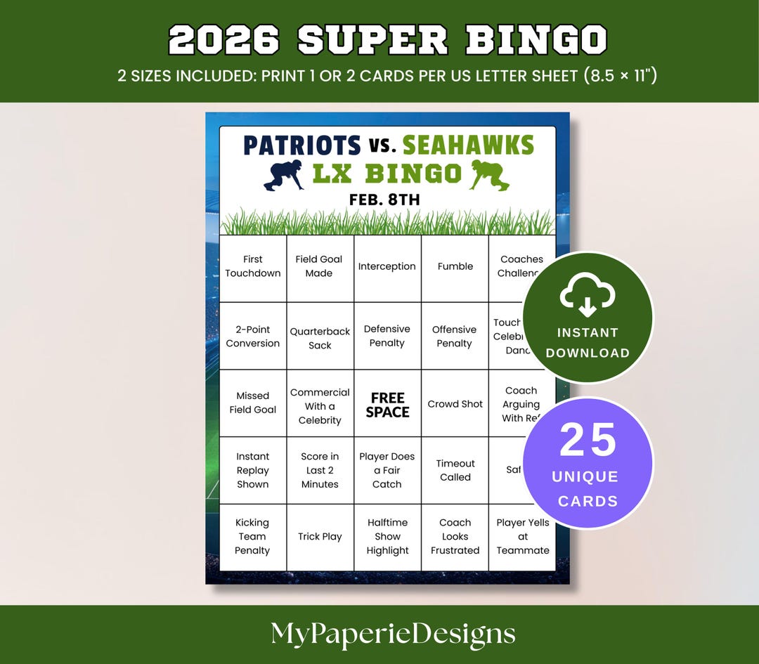 Super Big Game Bingo, 2026 Bowl Party Game, LX Bingo Game, Football ...