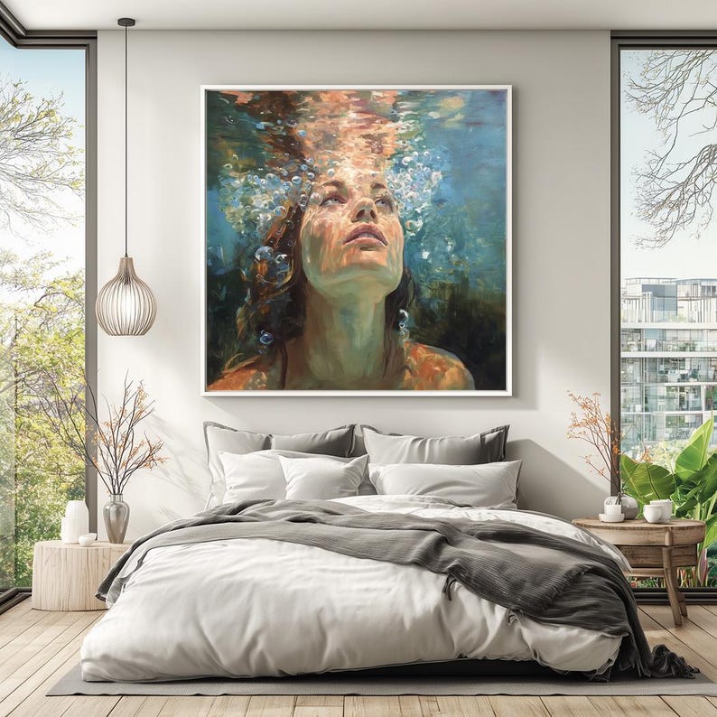 Diving Oil Painting: Abstract Woman Swimming in Blue Ocean - Etsy