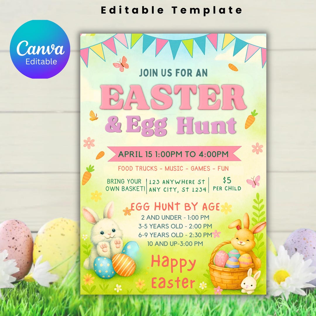 Editable Easter Egg Hunt Flyer Template, Printable Canva Invitation (8. ...