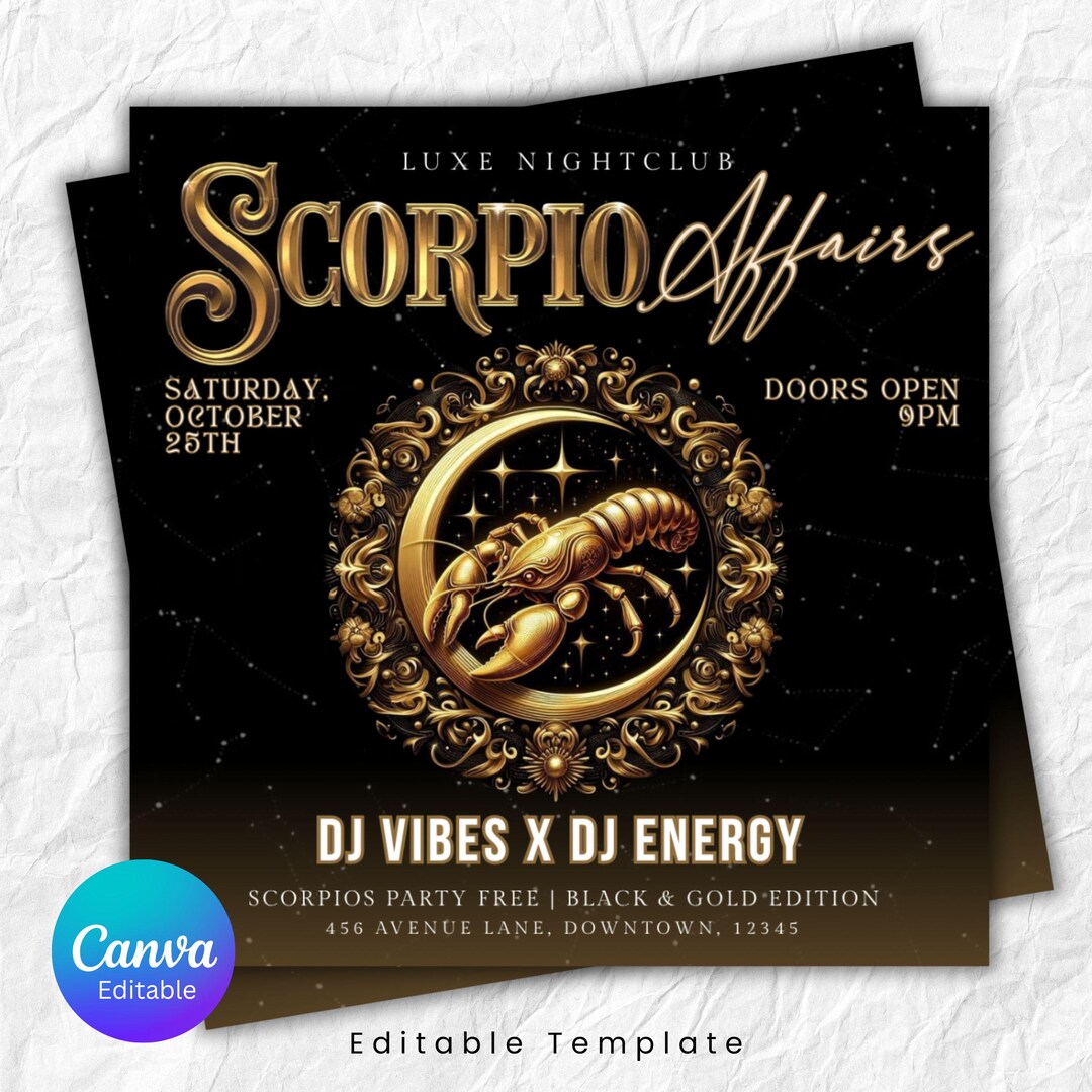 Editable Flyer Template, Scorpio Season Flyer, All Black Party Flyer ...