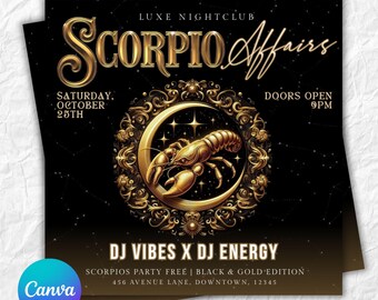 Editable Flyer Template, Scorpio Season Flyer, All Black Party Flyer ...