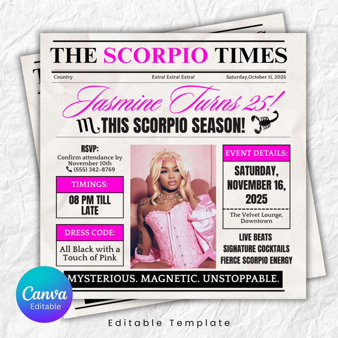 Scorpio Szn Animated Birthday Newspaper Invitation, Vintage Headline ...