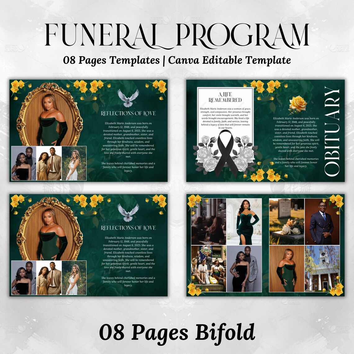Green Funeral Program Template, Celebration of Life (canva, 8-page ...