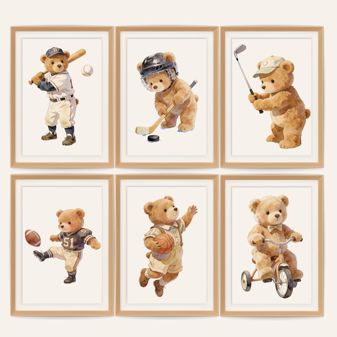 Boys Sports Nursery Wall Art, Teddy Bear Sports Prints Set of 6, Kids ...