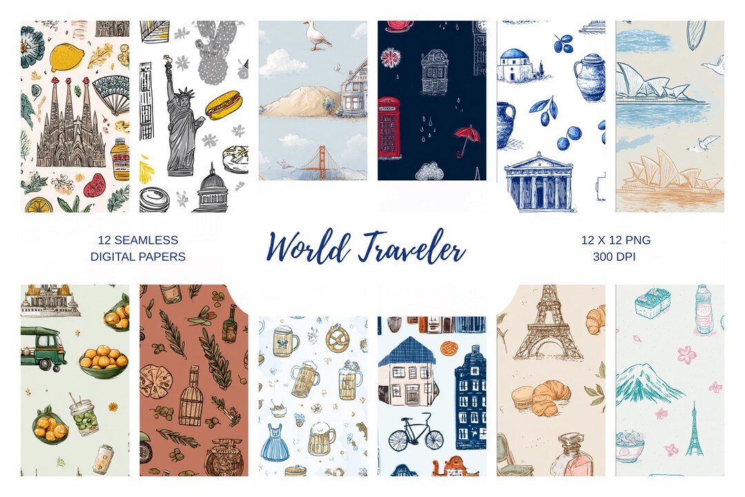 World Travel Digital Paper Pack: Seamless Landmark & Food Patterns (PNG ...