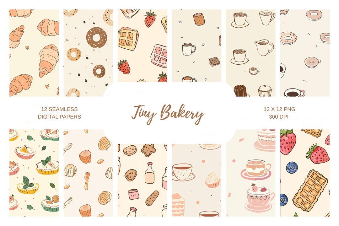 Bakery Digital Paper: Seamless Cafe Pastry Patterns (12x12" PNG, 300 ...