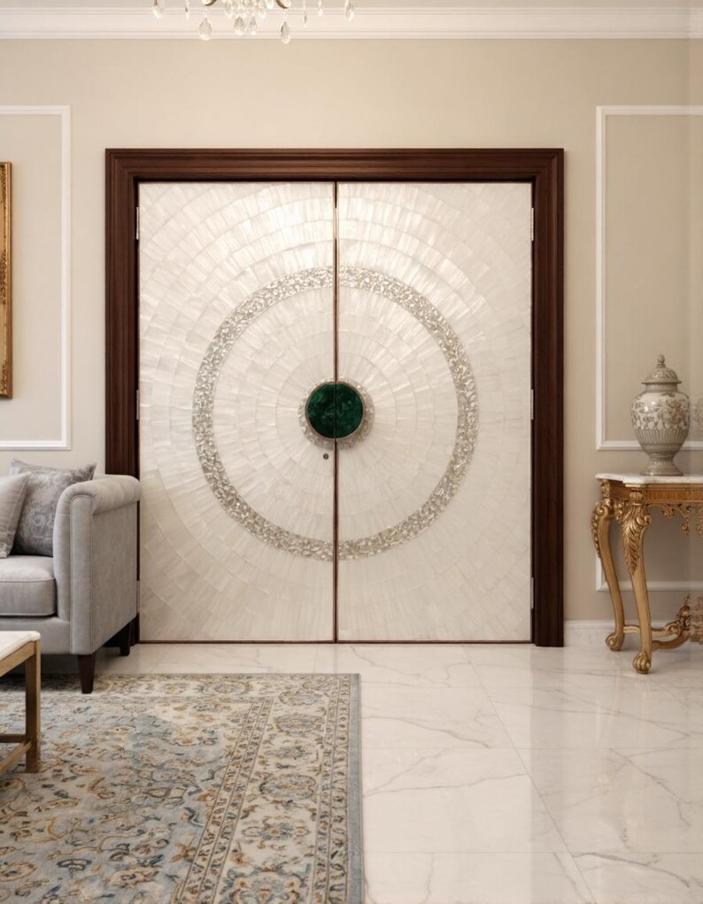 Handmade Selenite Double Door • Mother of Pearl Inlay, Luxury Entrance ...