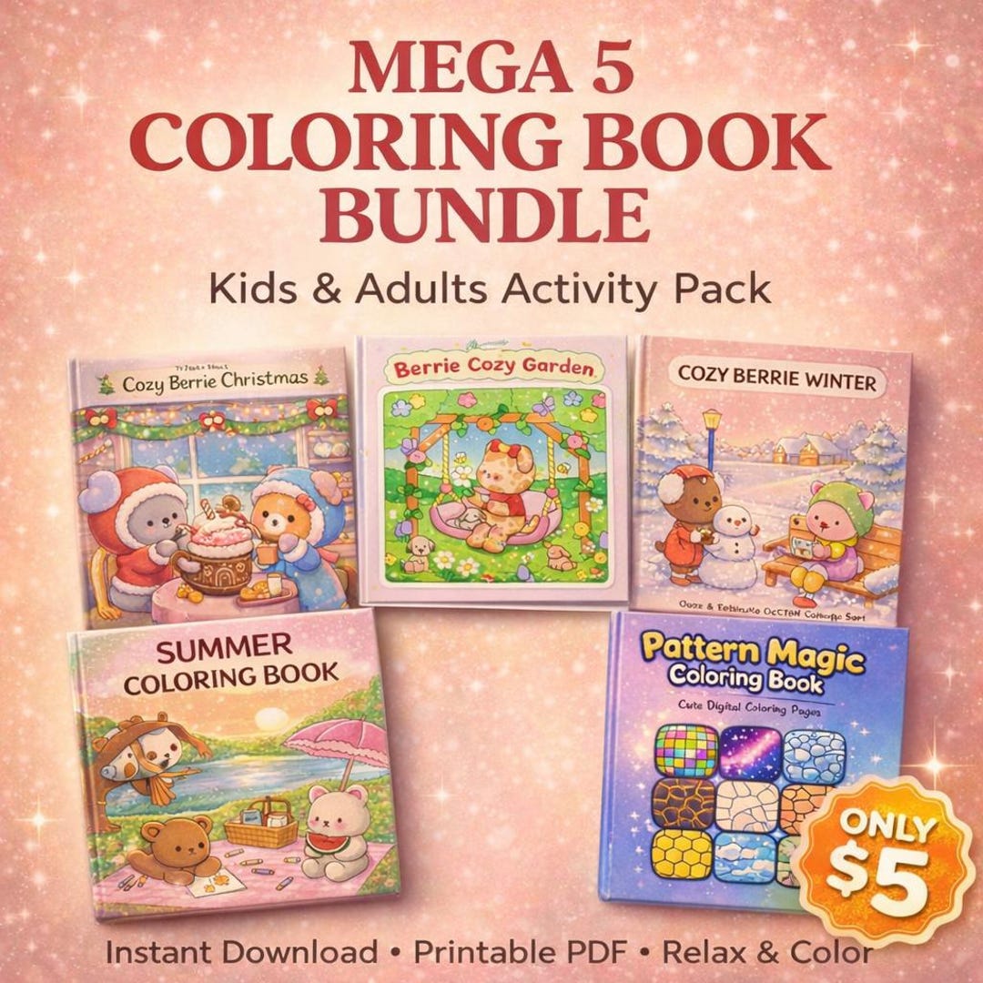 Mega 5 Coloring Book Bundle, Cozy Christmas, Garden, Winter, Summer ...
