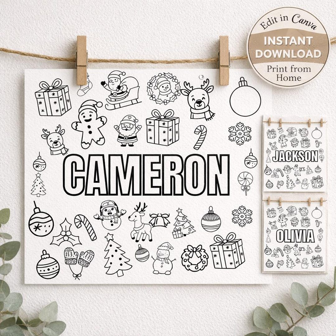 Editable Christmas Coloring Placemat Printable Personalized Kids Name ...