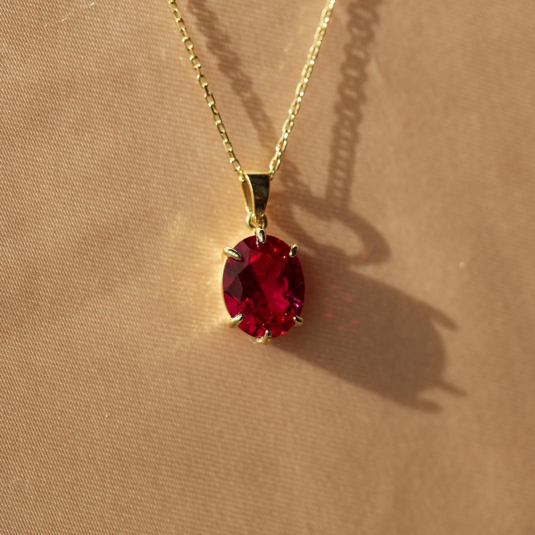 14K Gold Oval Ruby Necklace, July Birthstone Necklace in 925 Silver ...