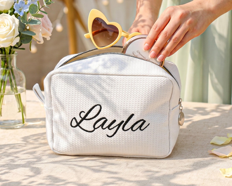Personalized Waffle Makeup Bag, Embroidered Monogram Toiletry Bag ...