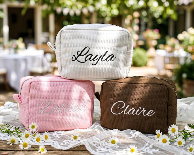 Personalized Waffle Makeup Bag, Embroidered Monogram Toiletry Bag ...