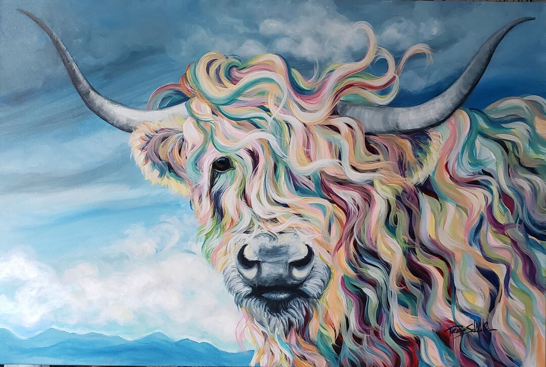One Eyed Willy Highland Cow Rainbow Cow Western Art - Etsy