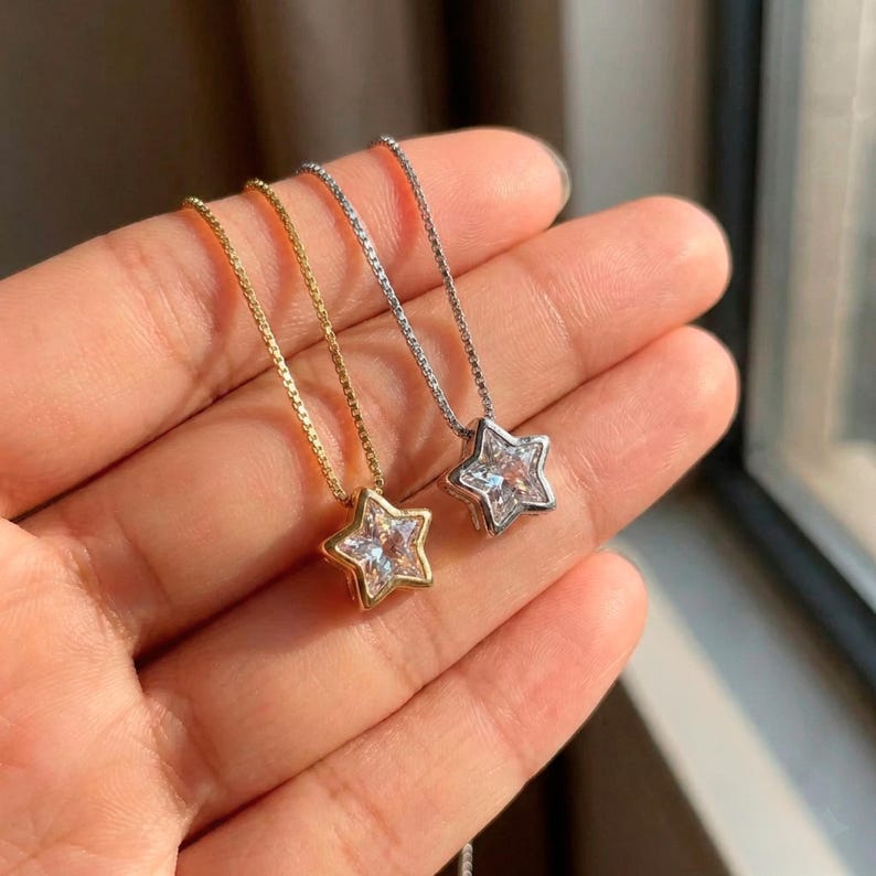 Star Necklace Sterling Silver, Gold or Silver Plated, Dainty CZ Star ...