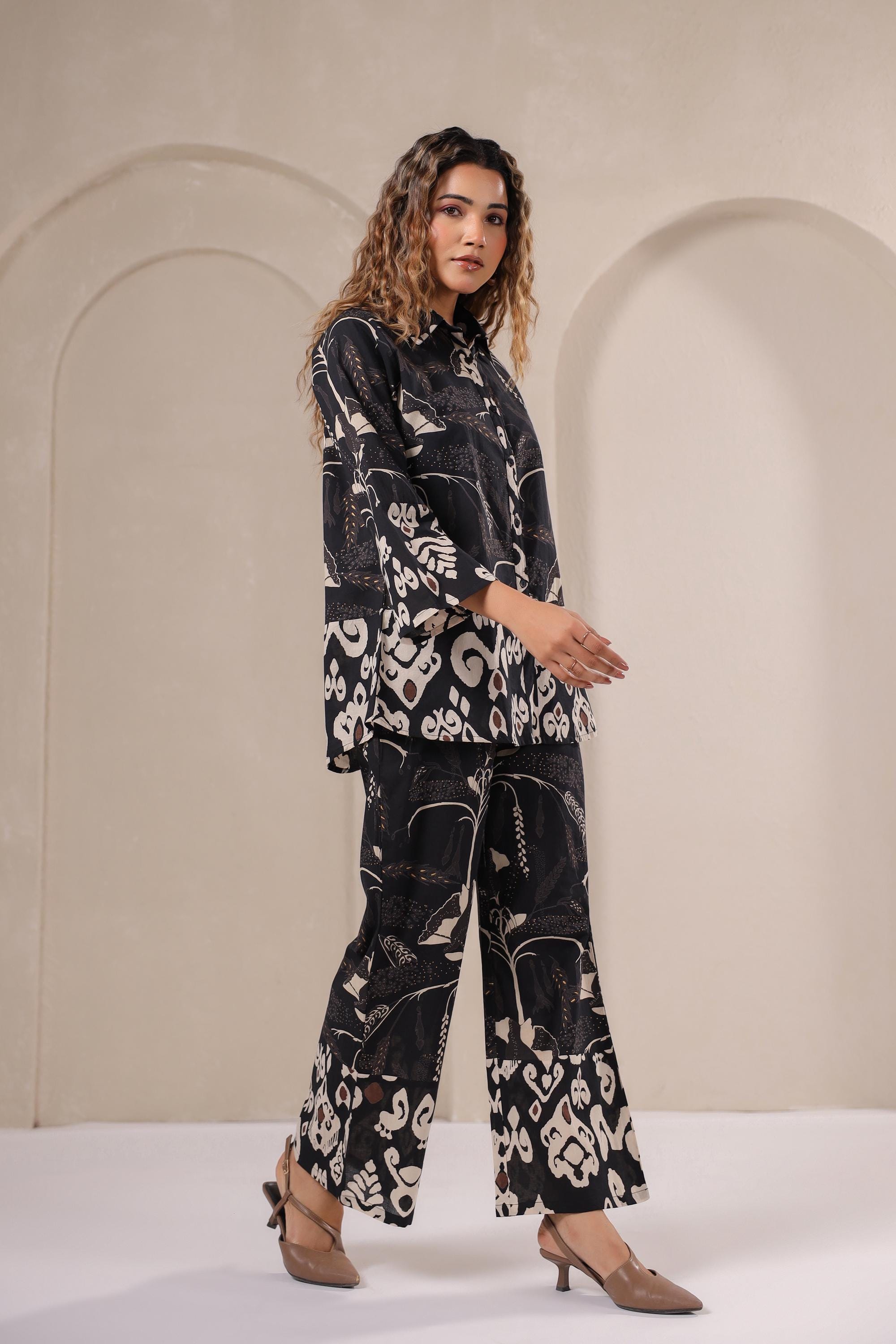 Black Boho Print Co-ord Set for Women | Indie Style Shirt & Pants Set ...