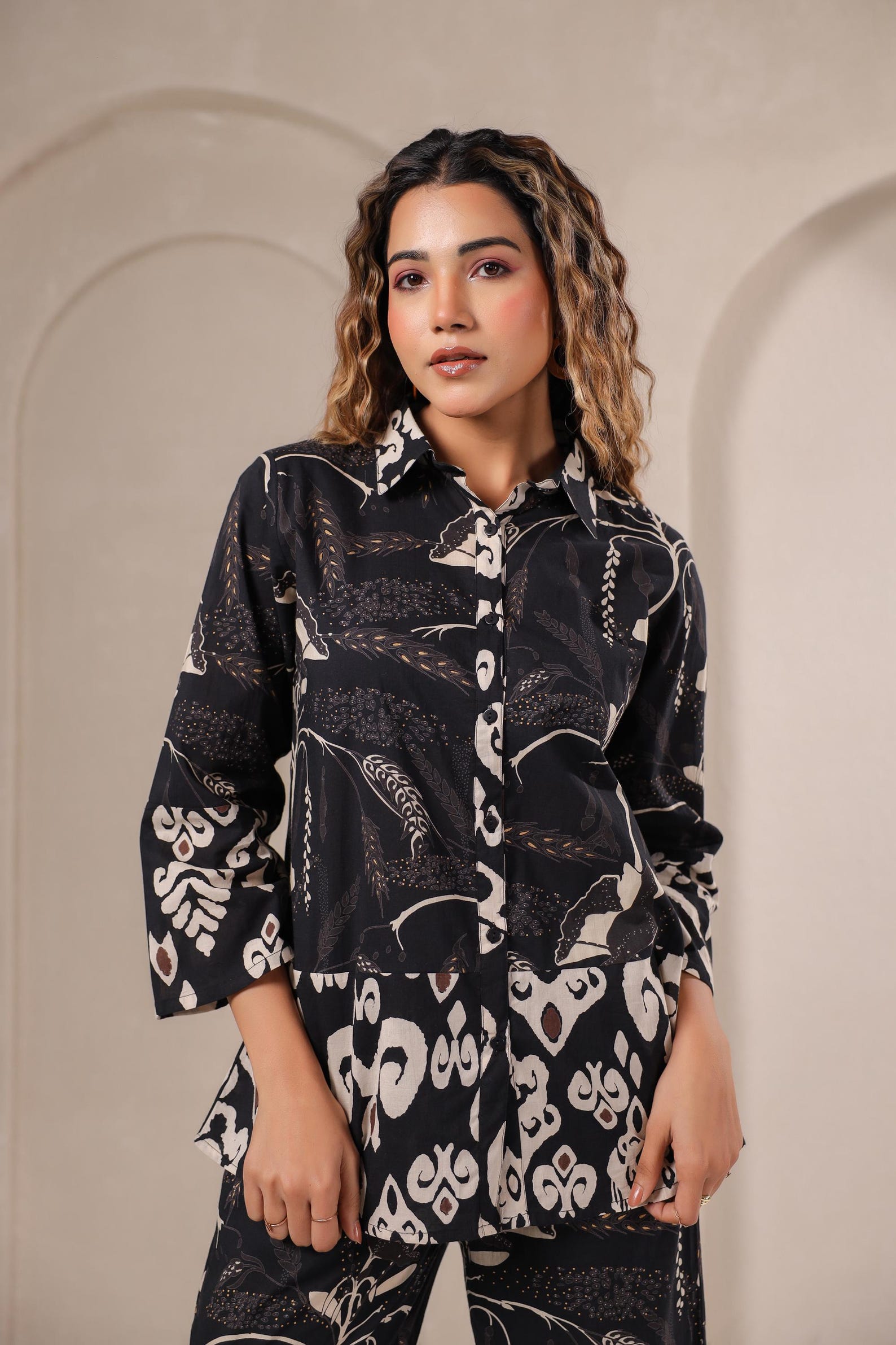 Black Boho Print Co-ord Set for Women | Indie Style Shirt & Pants Set ...