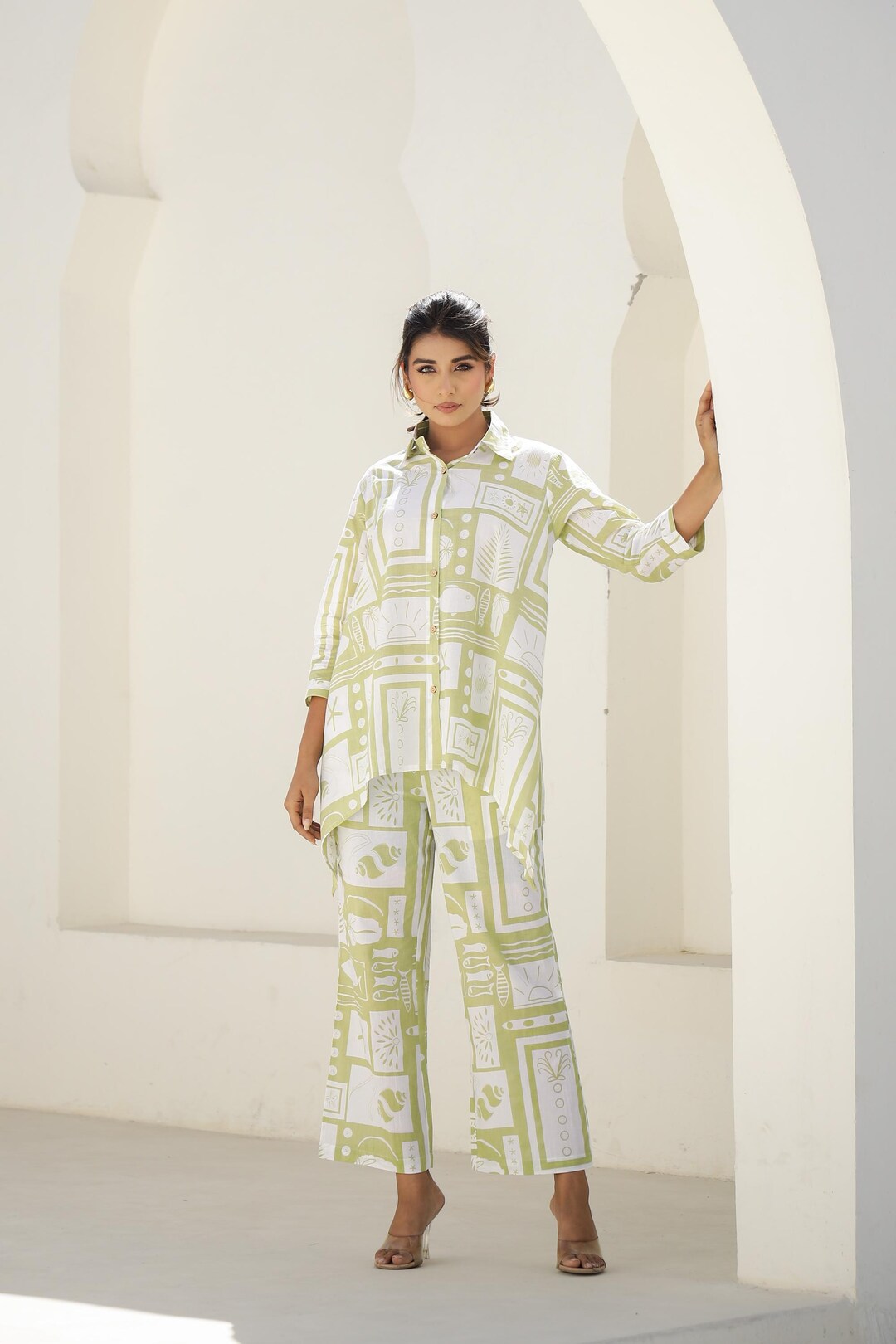Light Green Abstract Co-ord Set for Women | 2 Piece Cotton Lounge Set ...