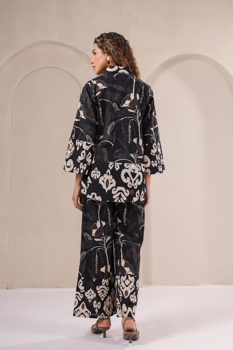 Black Boho Print Co-ord Set for Women | Indie Style Shirt & Pants Set ...