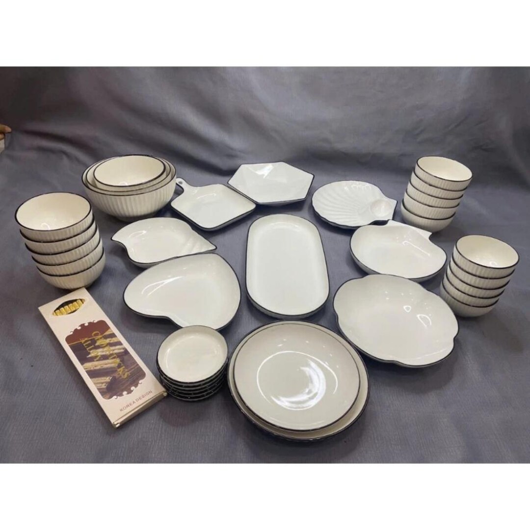 White Striped Dinnerware Set With Black Trim: Elegant Tableware & Decor ...