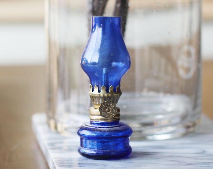 Vintage Miniature Blue Glass Oil Lantern W Blue Glass Hurricane ...