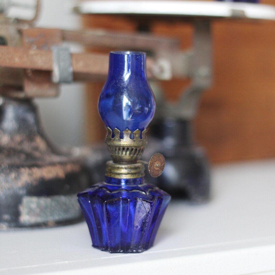 Vintage Miniature Blue Glass Oil Lantern W Blue Glass Hurricane - 4.5 ...