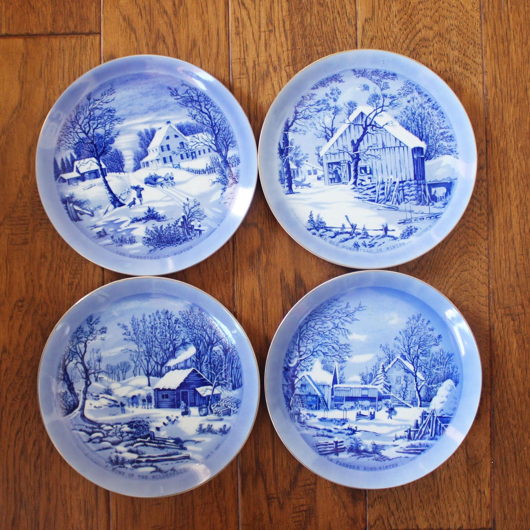 Vintage Set/4 Currier and Ives Blue & White Winter Scene Plates - Blue ...