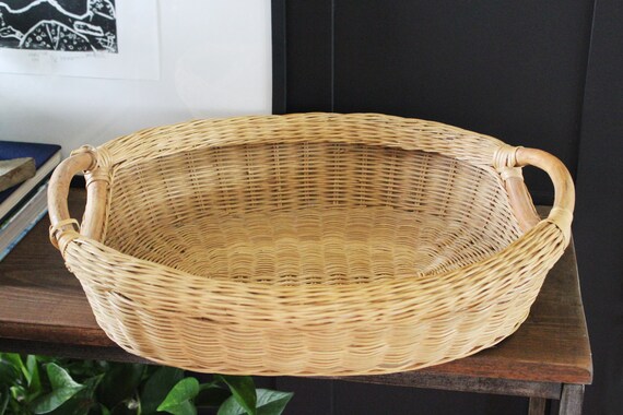 Vintage Large Cane Basket Tray Large Round Rattan Basket W | Etsy
