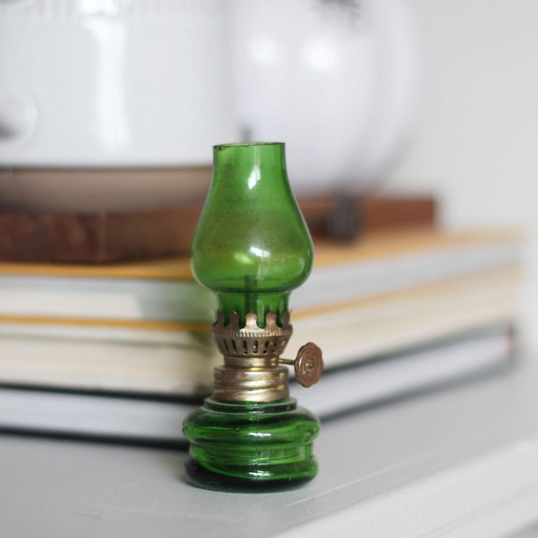 Vintage Miniature Green Glass Oil Lantern W Green Glass Hurricane ...