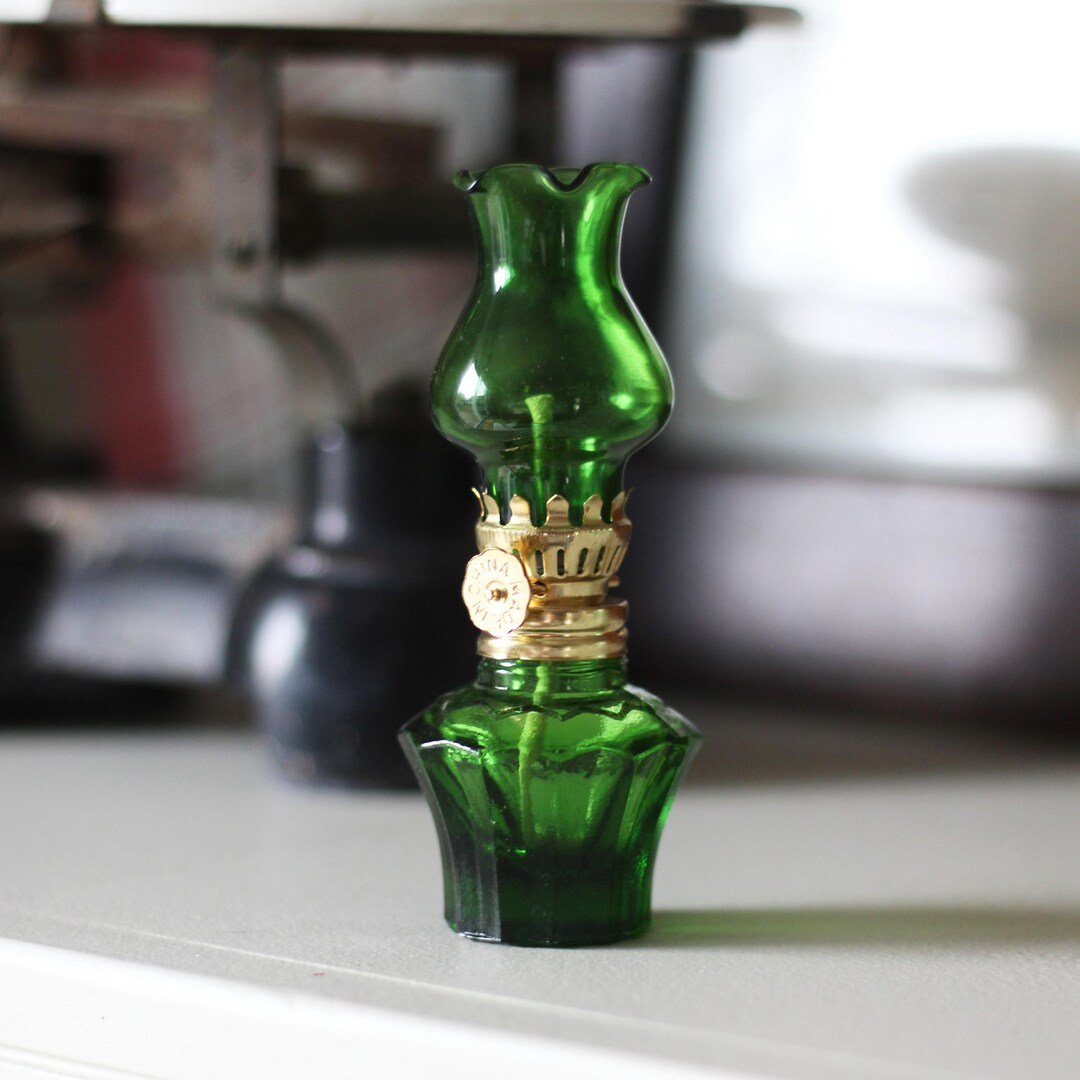 Vintage Miniature Green Glass Oil Lantern W Green Glass Hurricane - 4.5 ...
