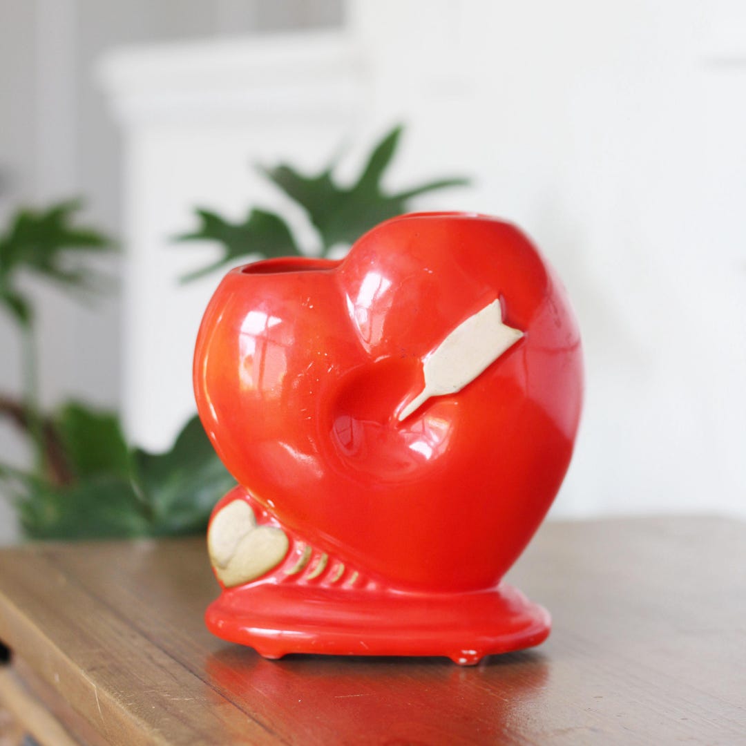 Vintage Relpo Pottery Red Heart Vase With Original Sticker Mid Century ...