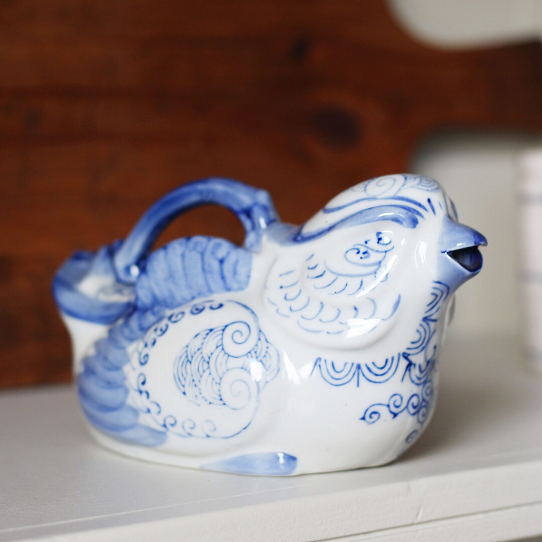 Vintage Blue and White Bird Pitcher - Blue and White Ceramic Chinese ...