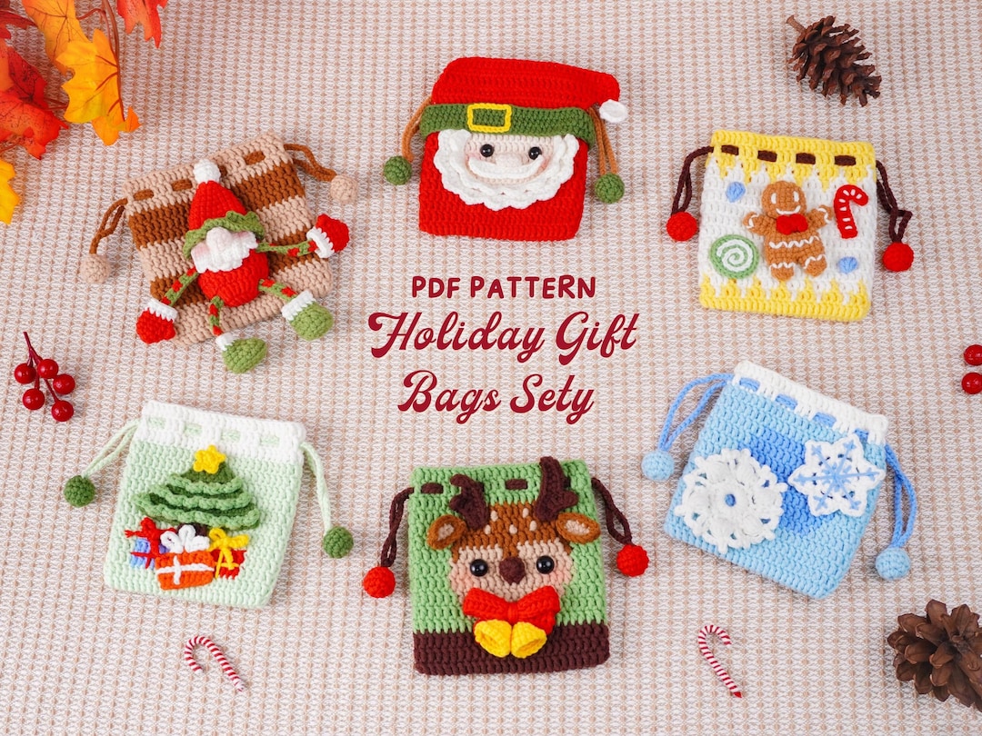 Holiday Gift Bags Set Crochet Patterns, Noel Candy Bag Pattern ...