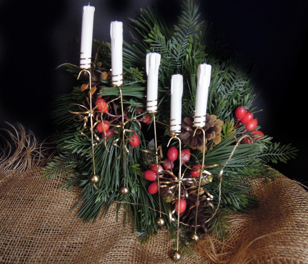 Six Vintage Faux Wood Candles on Gold Metal Christmas Tree Counter ...