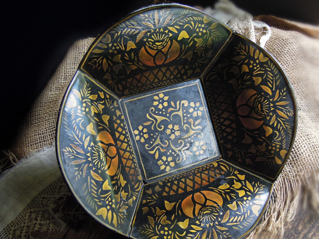 Antique Tole Black Metal & Gold Stenciled Tole Bowl Tray Signed Susan ...