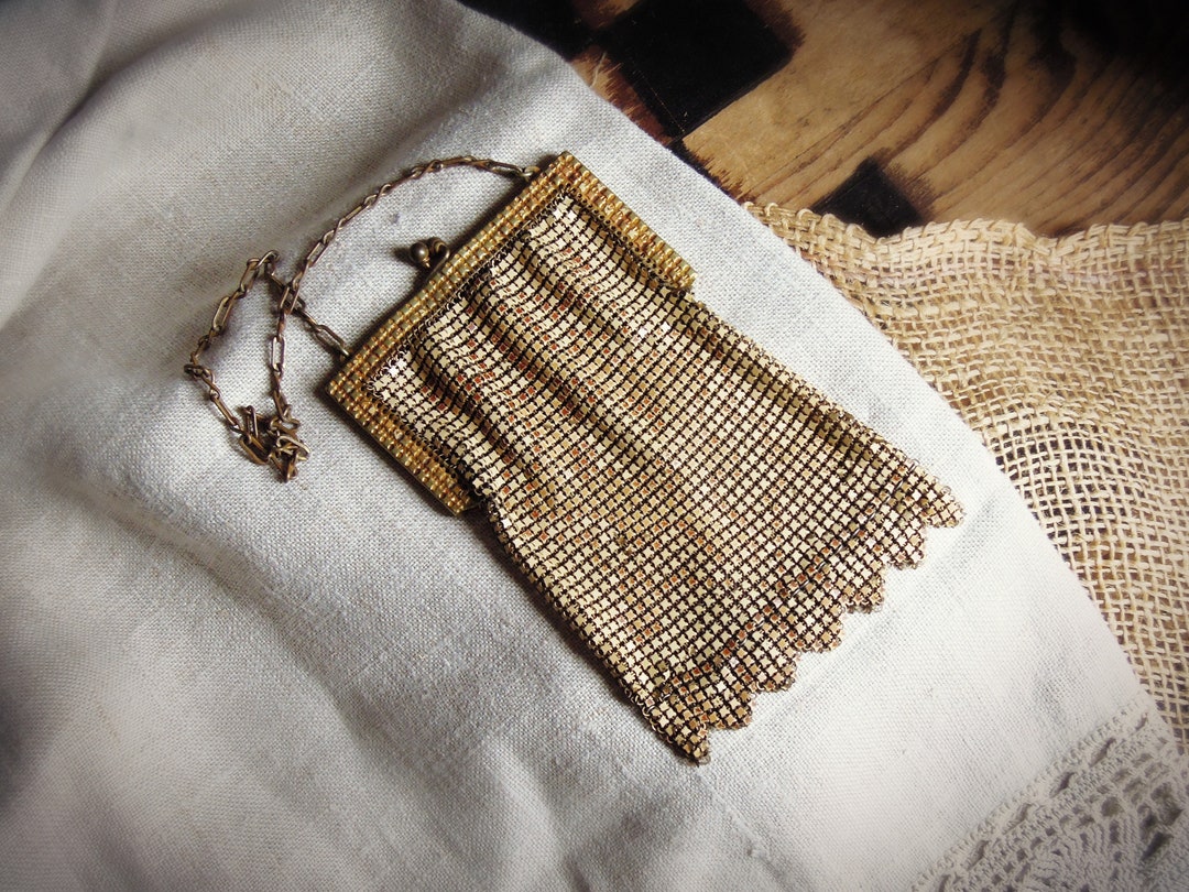 Antique Golden & Brown Metal Mesh Coin Purse Wristlet / Chain Reticule ...