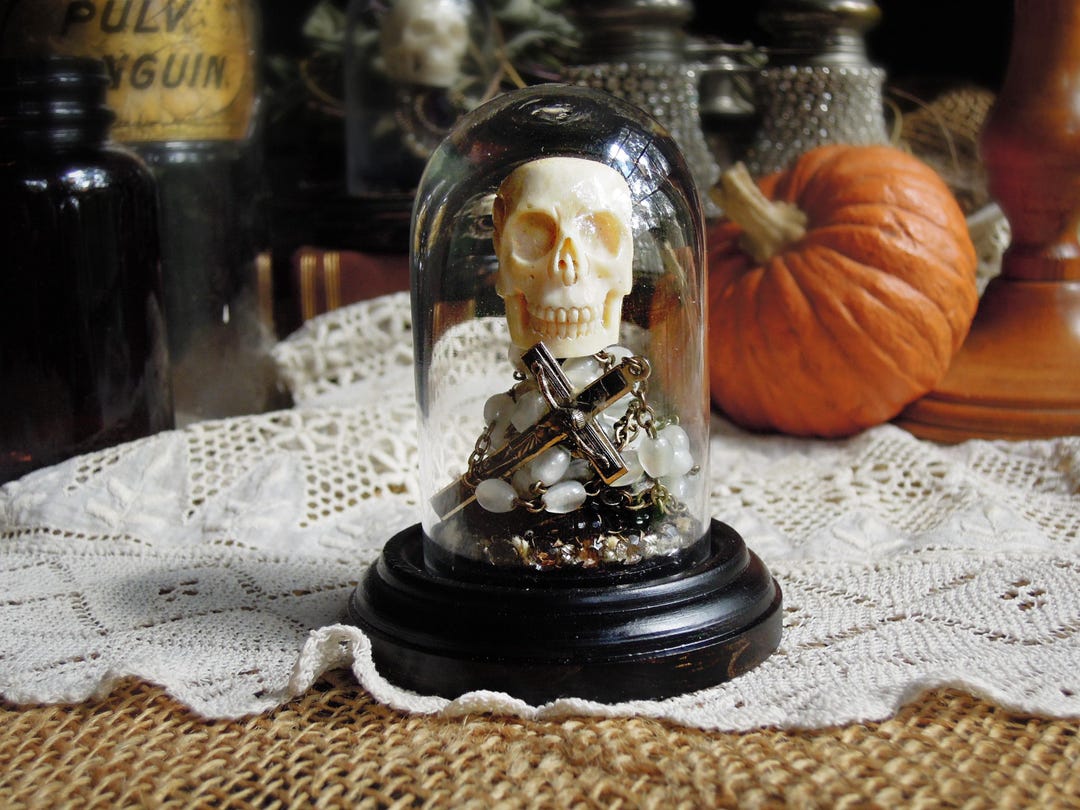 1800s Antique French Memento Mori Hand Carved Skull Under Vintage Glass ...