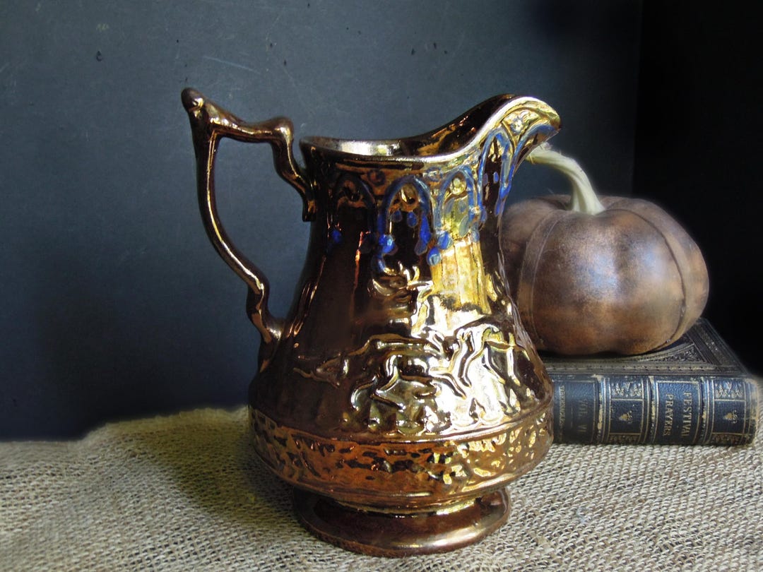 Antique Large English Lusterware Pitcher Bronze Copper & Blue ...